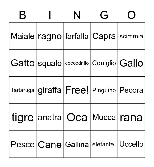 Animali Bingo Card