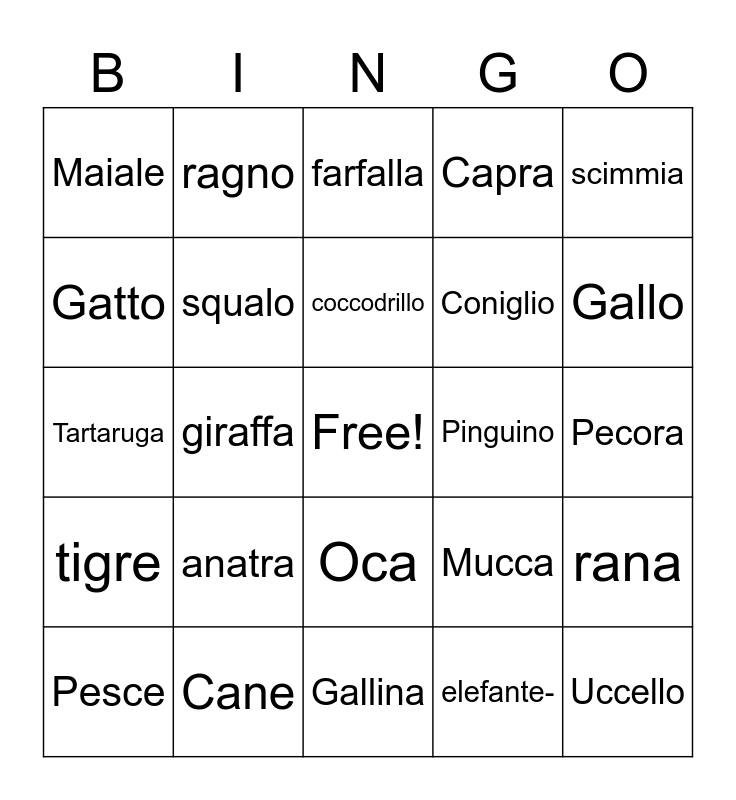 Animali Bingo Card