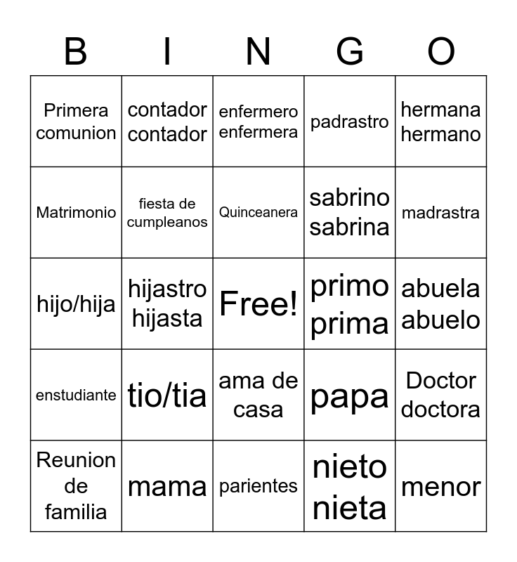La familia Bingo Card