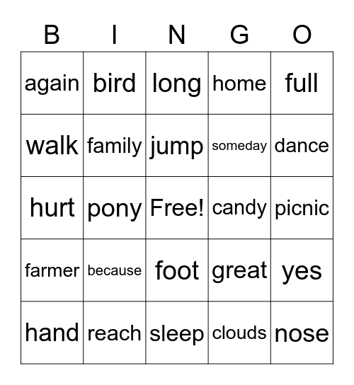 1st Grade Bingo Card