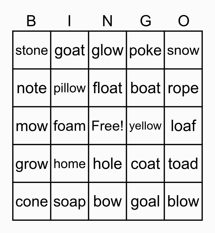 Long Vowel Bingo: o-e, oa, ow Bingo Card