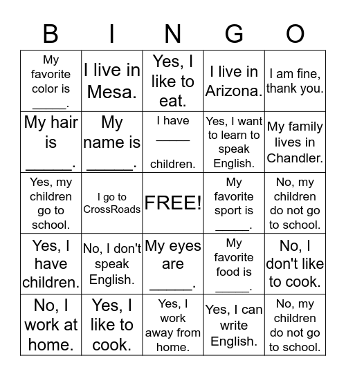 ESL Bingo Card