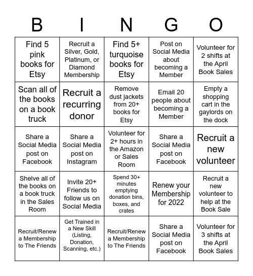 Friends Membership Drive Bingo Card