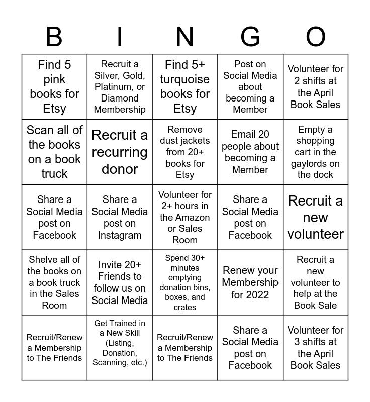 Friends Membership Drive Bingo Card
