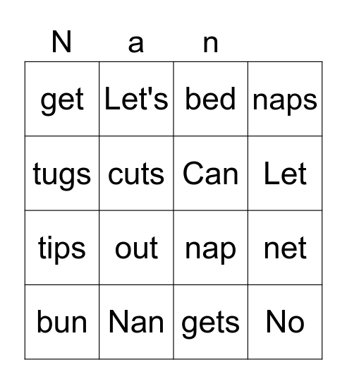 Nan in a Net Bingo Card