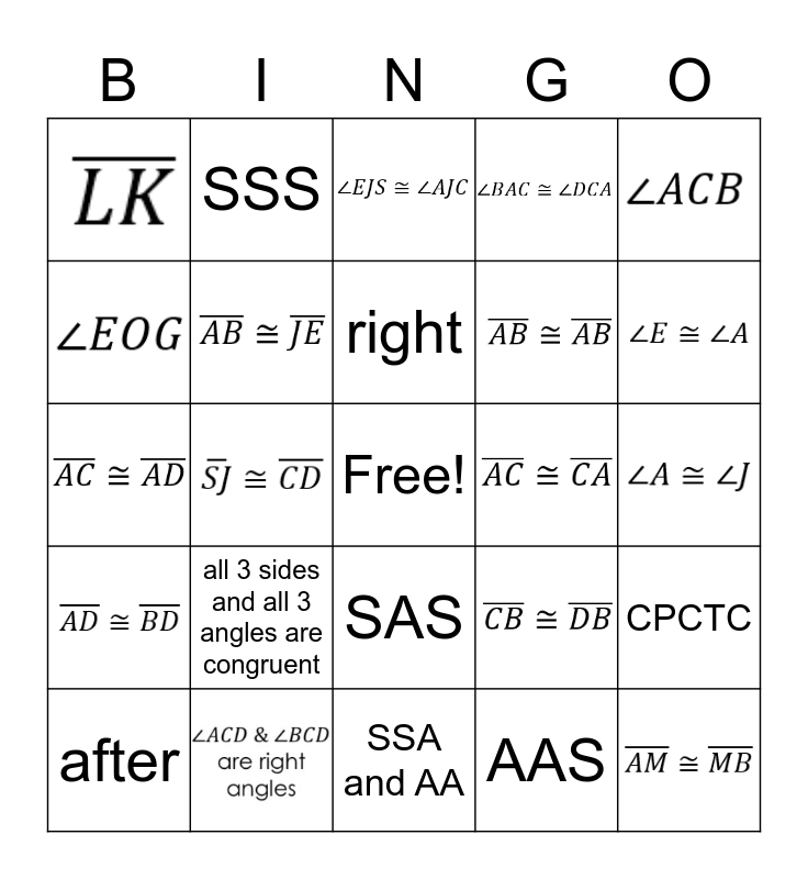 Congruent Triangles BINGO Card