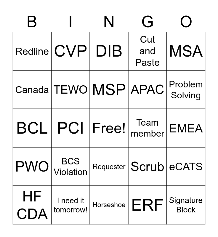 HCP Bingo Card