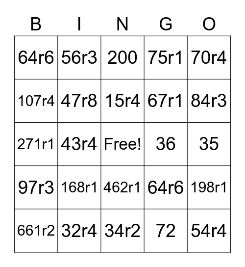 Long Division Bingo Card