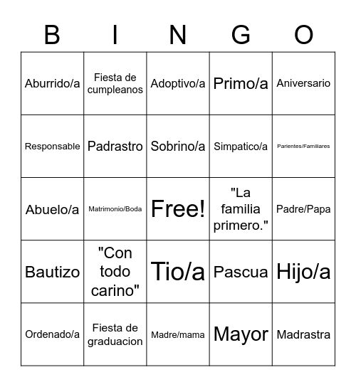 La familia Bingo Card