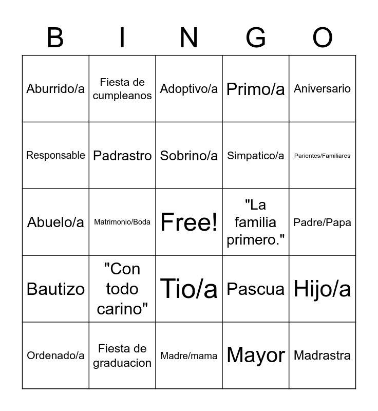 La familia Bingo Card