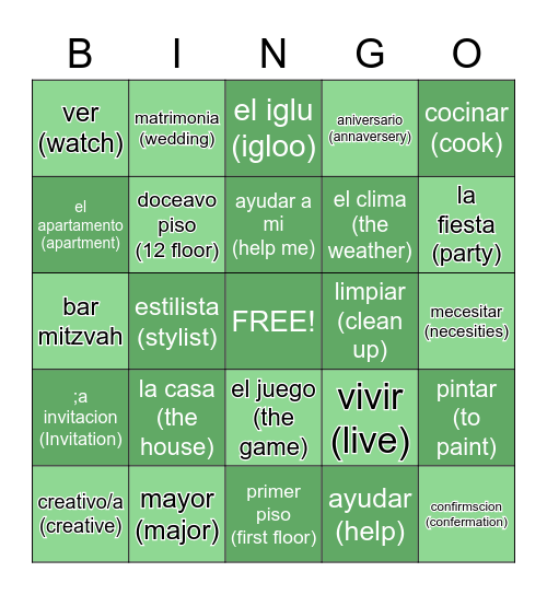 unit 3 LA Casa y La Familia Bingo Card