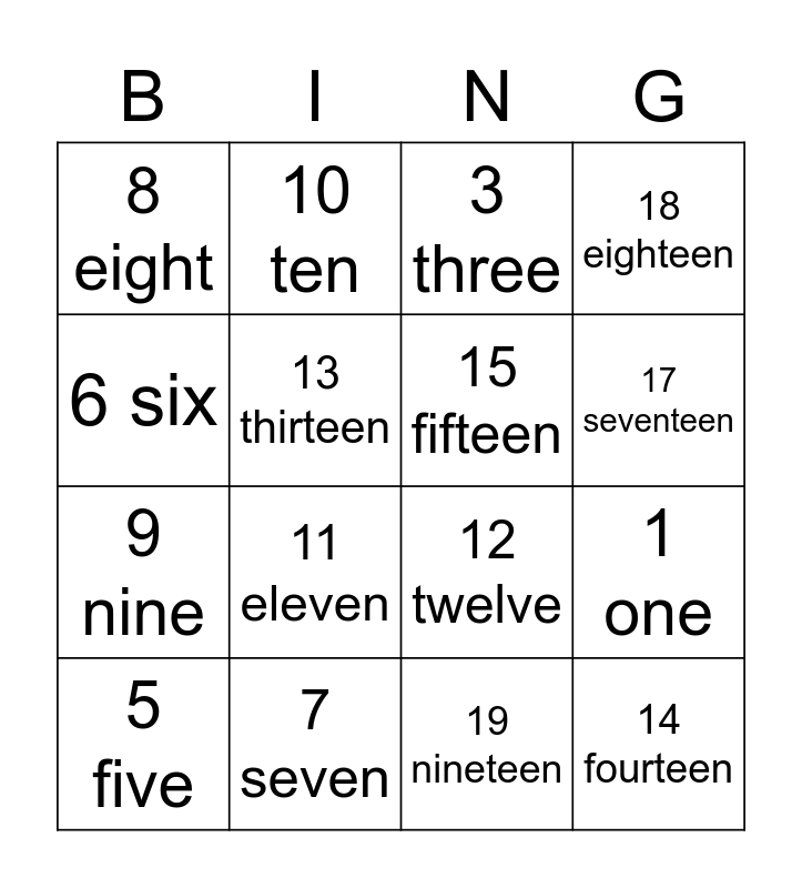 Numbers to 20 Bingo Card