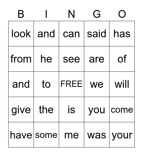 High Frequency Word BINGO Card