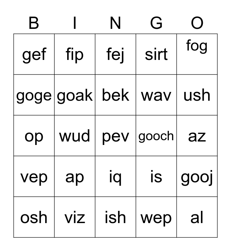 Nonsense Words Bingo Card