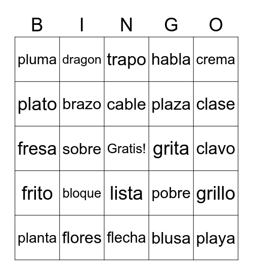 Silabas Trabadas Bingo Card