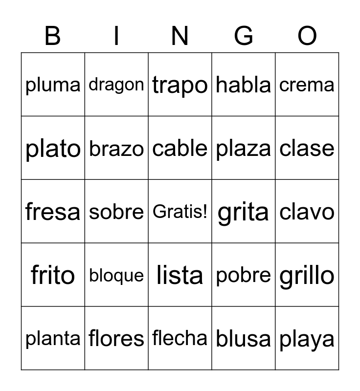 Silabas Trabadas Bingo Card