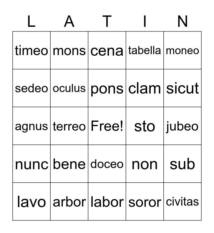Latin Bingo Card