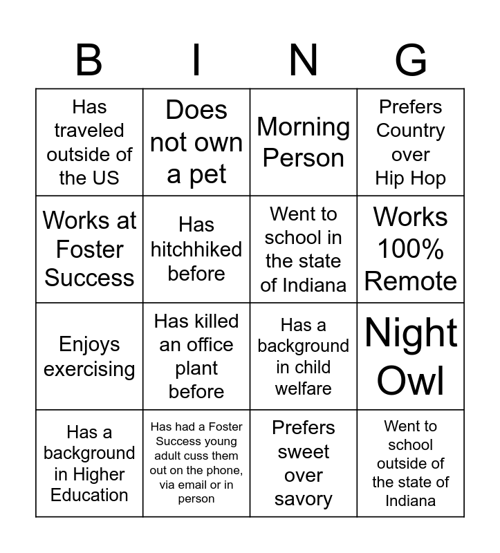 Foster Success BING Bingo Card