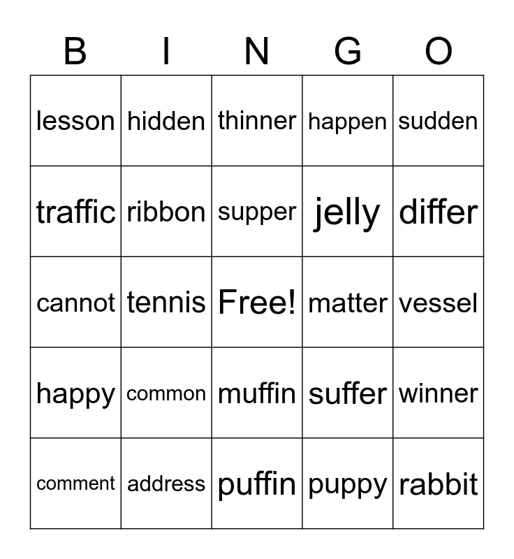 Twin Consonant Syllable Words Bingo Card
