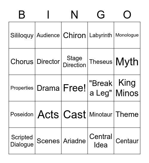Drama Vocabulary Words Bingo Card