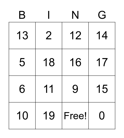 Teen Numbers Bingo Card