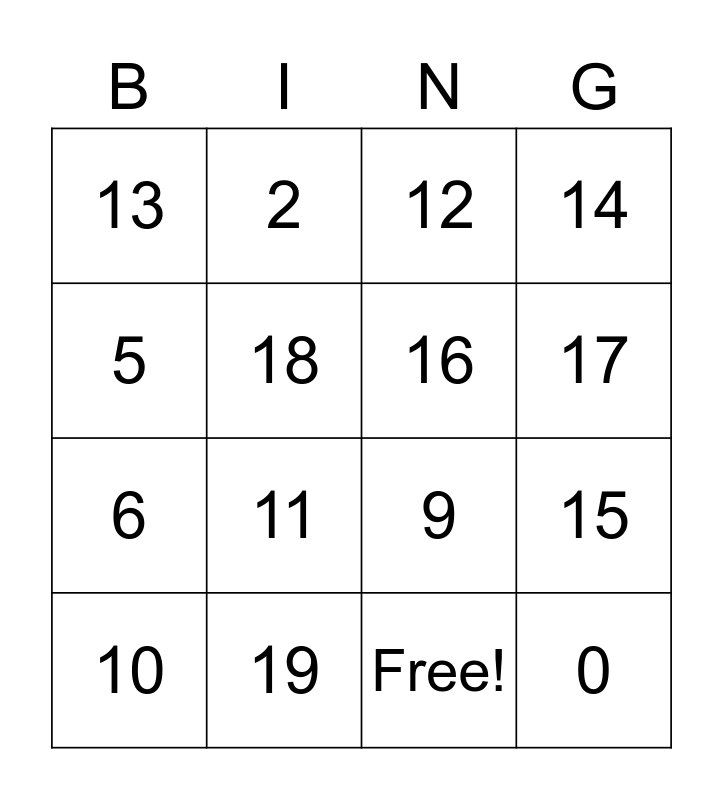 Teen Numbers Bingo Card