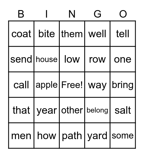 Spelling Bingo Card