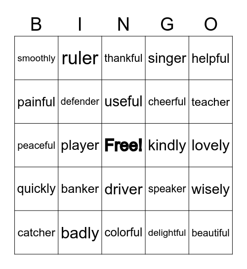 -er, -ly, -ful Suffix Bingo Card