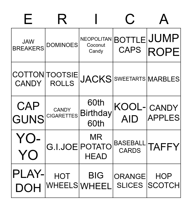ERICA's 60th Birthday Bingo Card