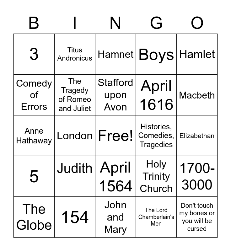 William Shakespeare Bingo Card