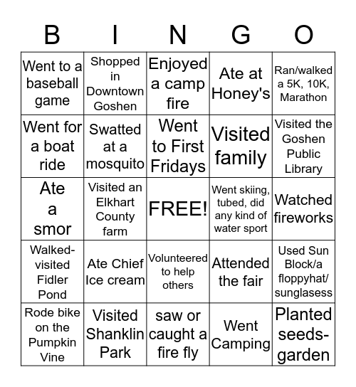 Bucket List Bingo Card