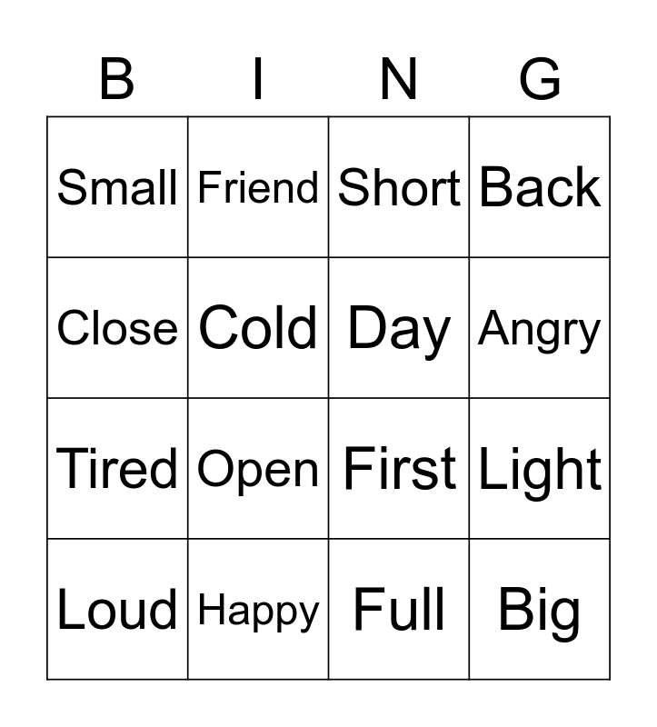 Synonym & Antonym Bingo Card