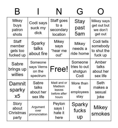 After Hours Bingo Card
