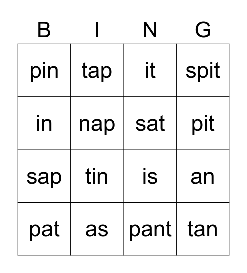 Jolly Phonics Set 1 (SATPIN) Bingo Card
