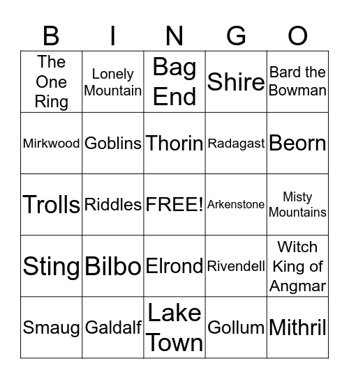 The Hobbit Bingo Card