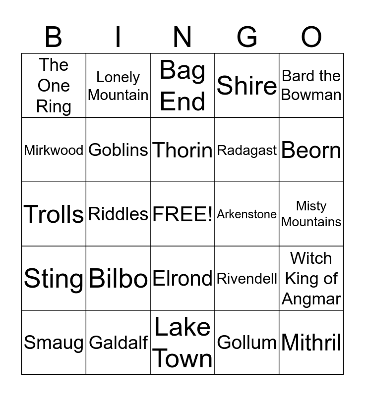 The Hobbit Bingo Card