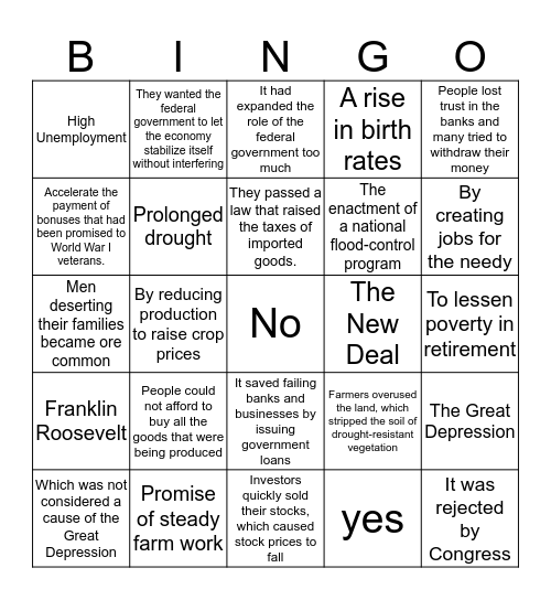 The Great Depression Bingo Card