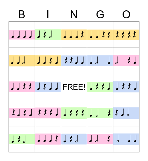 Rhythm Bingo - Quarter Notes and Rests, Half Notes Bingo Card