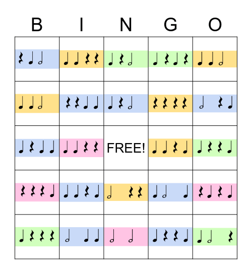 Rhythm Bingo - Quarter Notes and Rests, Half Notes Bingo Card