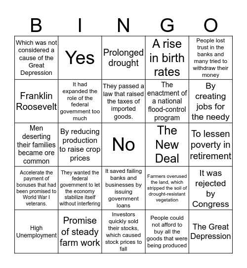 The Great Depression Bingo Card