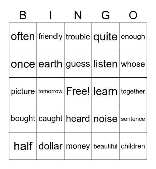 2B Tricky Words Bingo Card