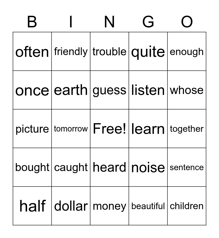 2B Tricky Words Bingo Card