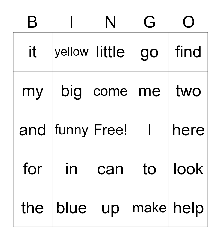 Sight words pre-primer Bingo Card