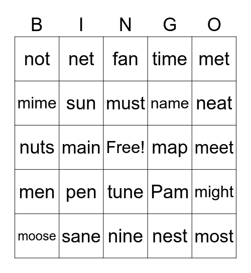Nasal Minimal Pairs Bingo Card