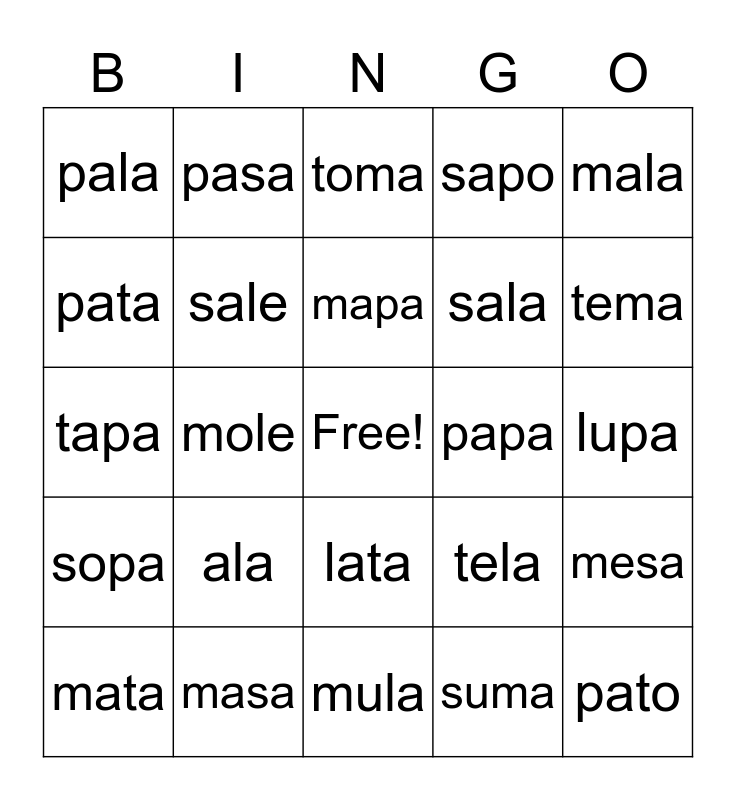 palabras 2 silabas Bingo Card