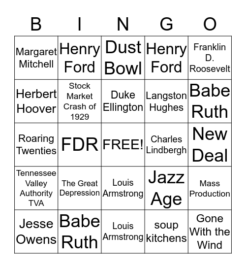 Roaring 20's and Great Depression Bingo Card