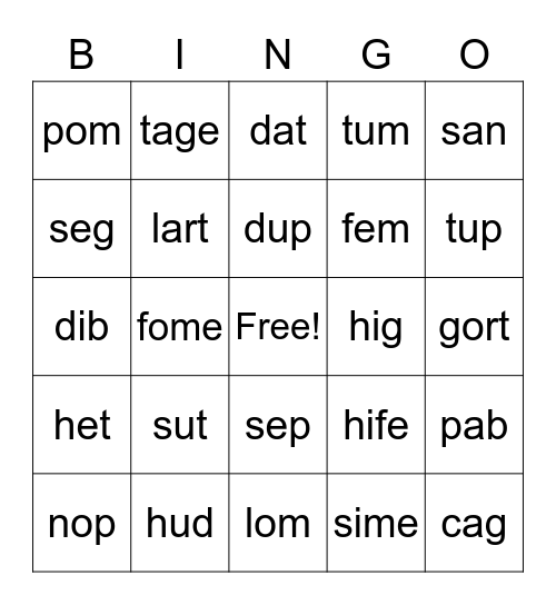 Nonsense Words Bingo Card