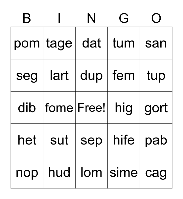 Nonsense Words Bingo Card