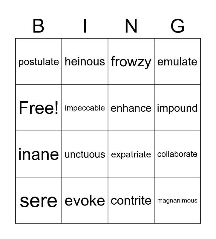 Lesson Nine Bingo Card
