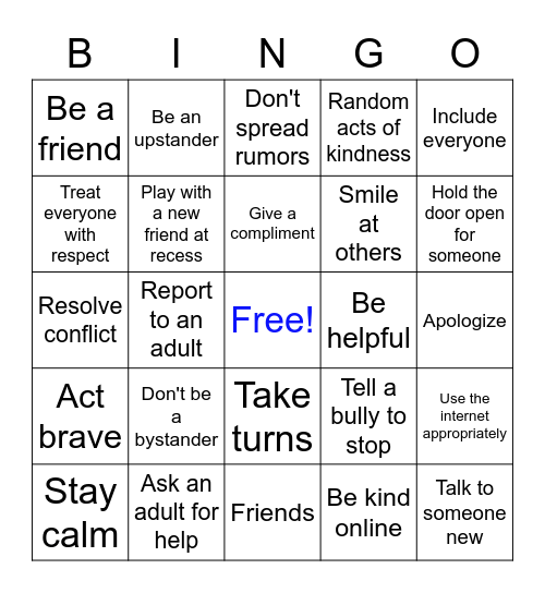 Anti Bullying and Kindness Bingo Card